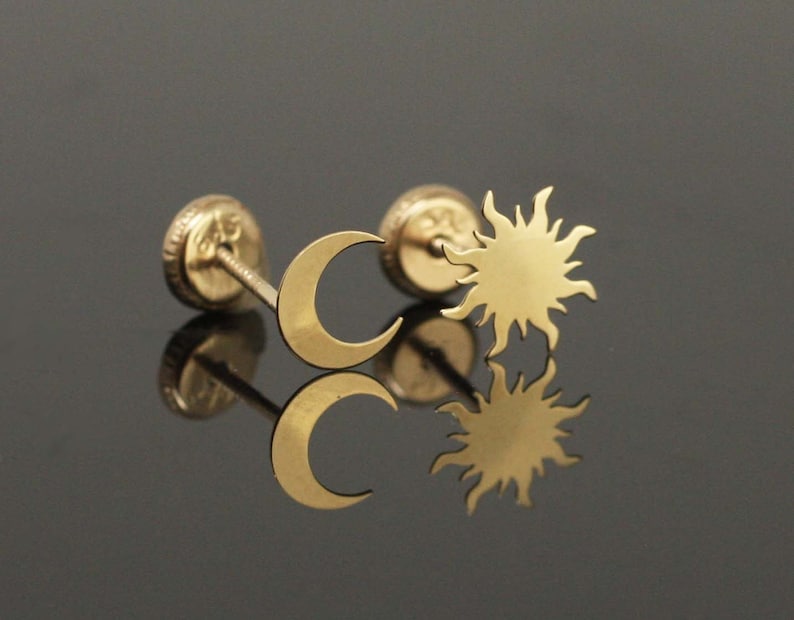 14k Gold Sun Stud Earrings, Moon Stud Earrings, 14k Celestial Stud ...