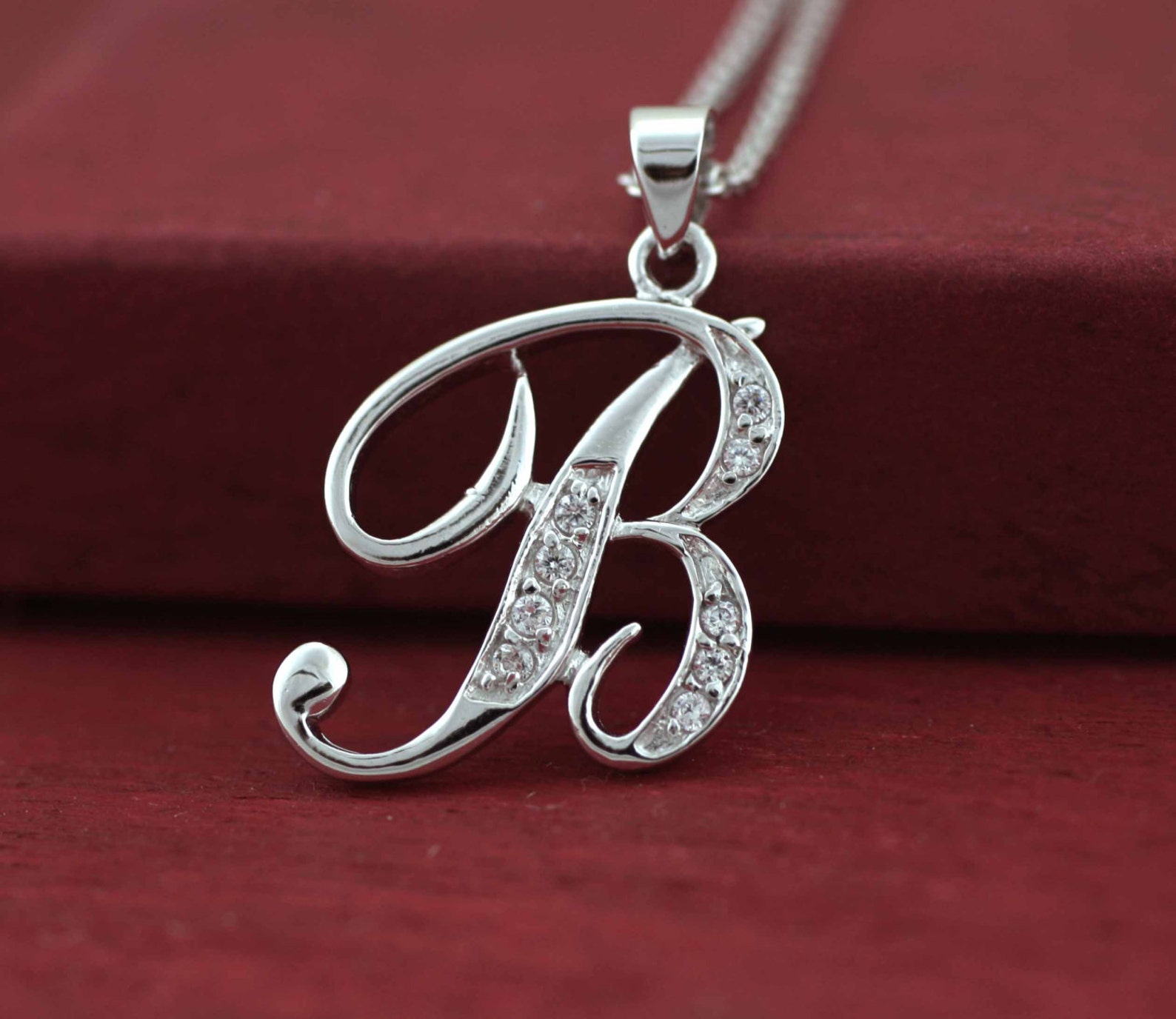 Sterling Silver Initial Necklace, Silver Initial B Necklace With CZ ...