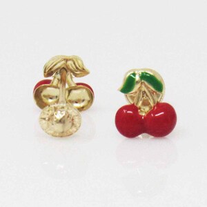 14K Gold Stud Earrings, Cherry Enamel Stud Earrings, 14K Gold Stud Cherries Enamel Earrings With ...