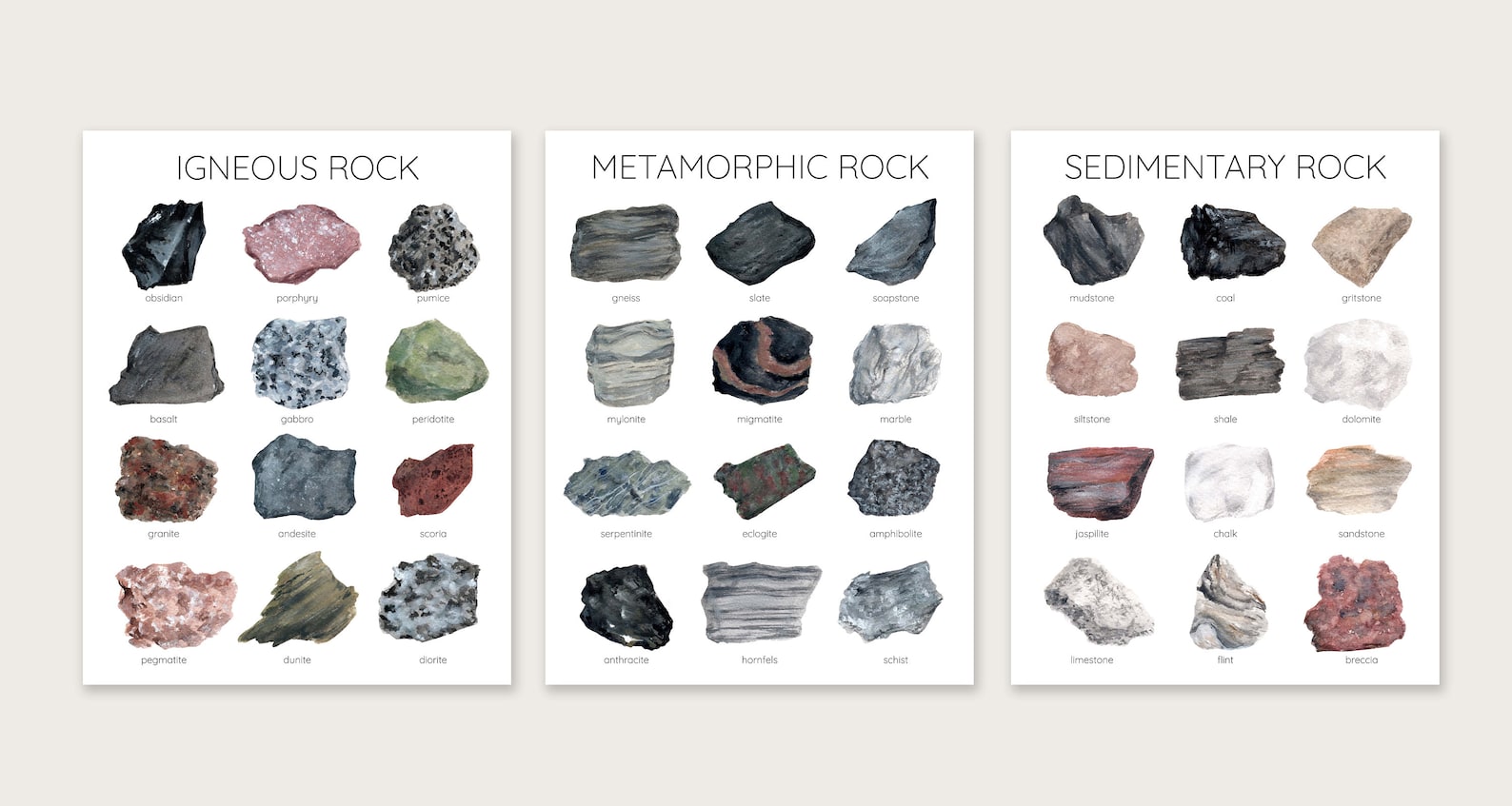 Igneous, Sedimentary & Metamorphic Rocks Set of Three Art Prints - Etsy