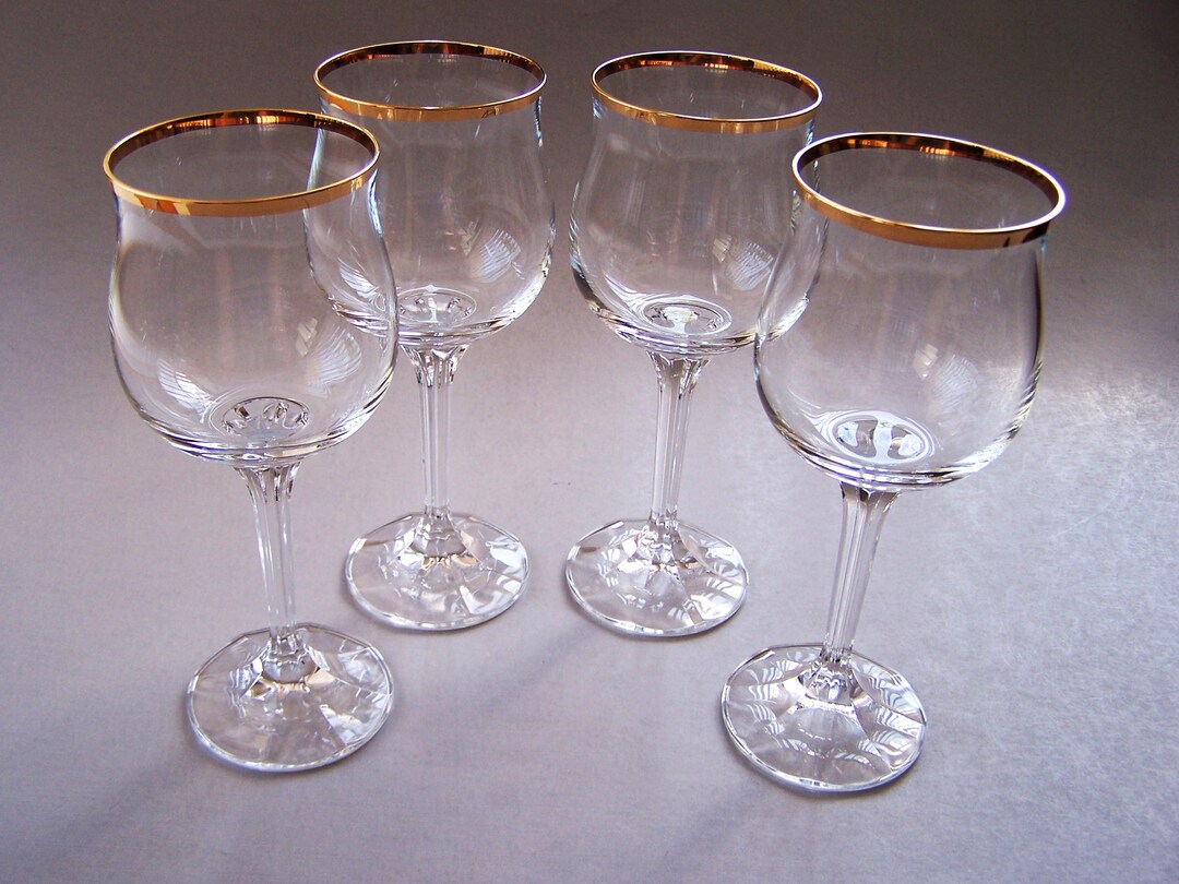 Set of 4 Bohemia Crystal Wine Glasses With Gold Rim Tulip Shaped Bowl ...