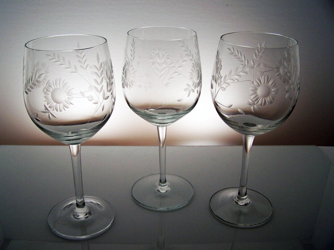 3 Tall Cut Floral Water/wine Glasses Made in Romania Elegant Crystal ...