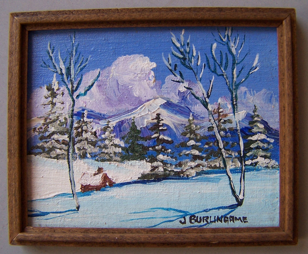 Miniature Oil Painting - 20th Century Landscape - Artist Signed J. Burlingame - 2.75" by 2.25 ...