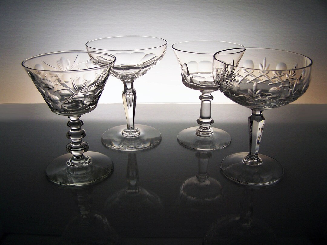 4 Mismatched Champagne Coupe Glasses Cut Geometric, Cut Floral, Panel ...