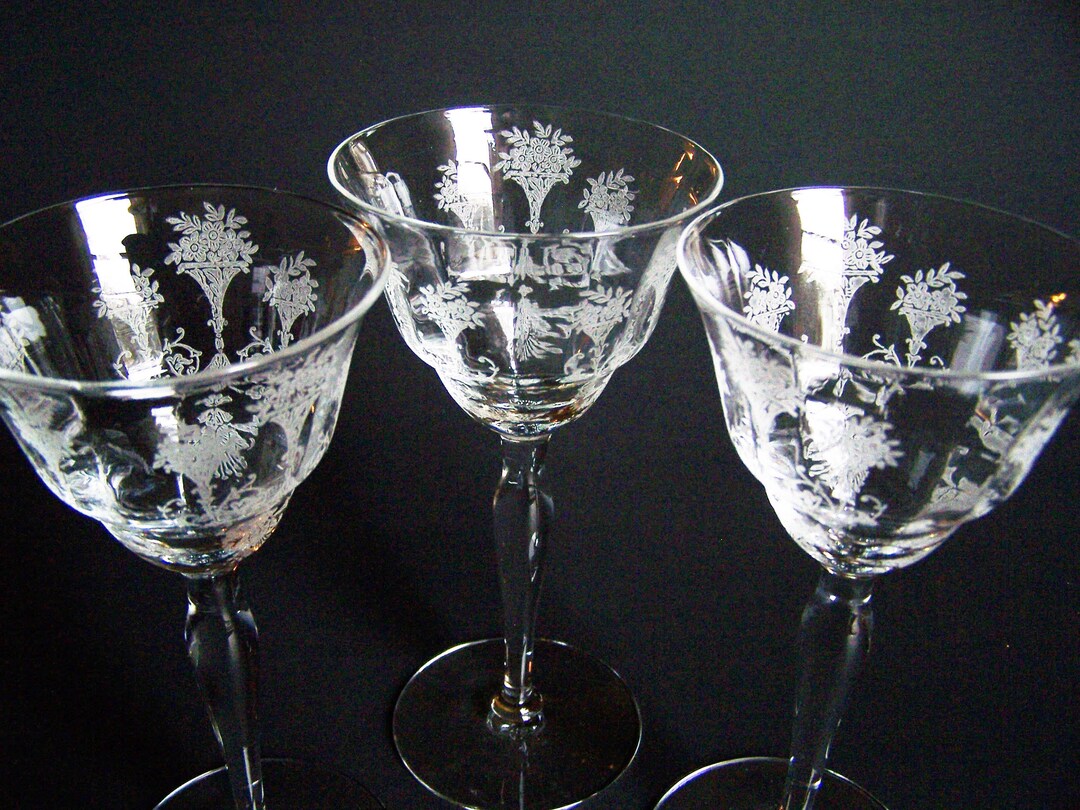 3 Elegant Etched Floral Liquor Cocktail Stems Morgantown mayfair Floral ...