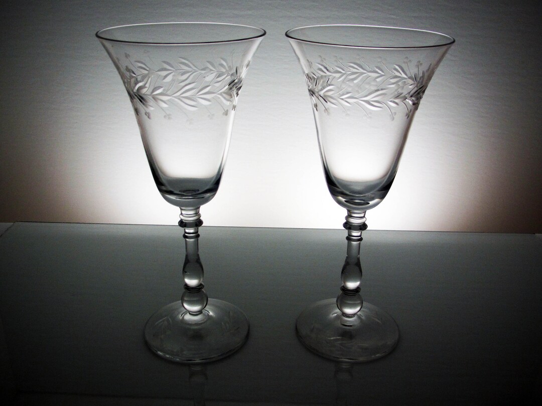 2 Bryce Elegant Cut Floral Water Goblets Vintage 1940s Stemware 8 Glass ...