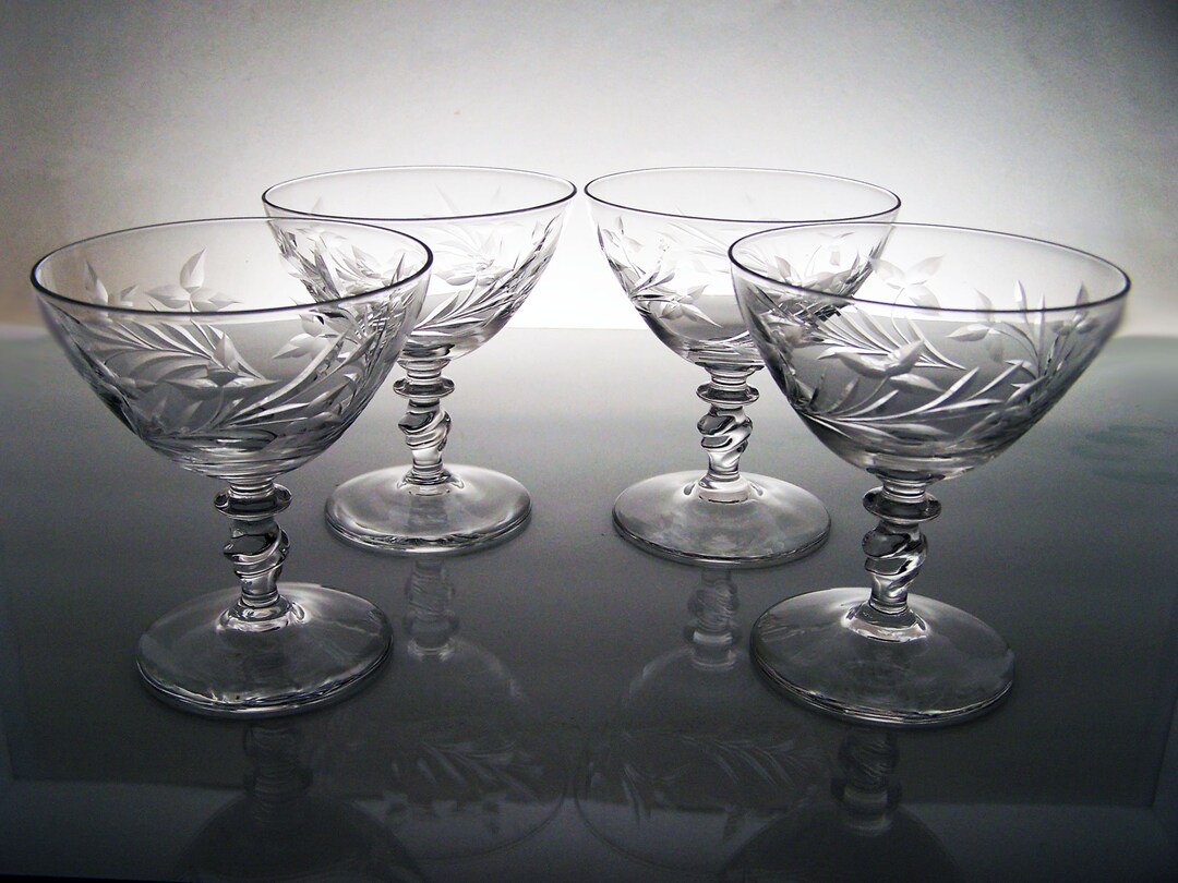 Set of 4 wood Violet Twist Stem Cut Floral Champagne Coupe Glasses by ...