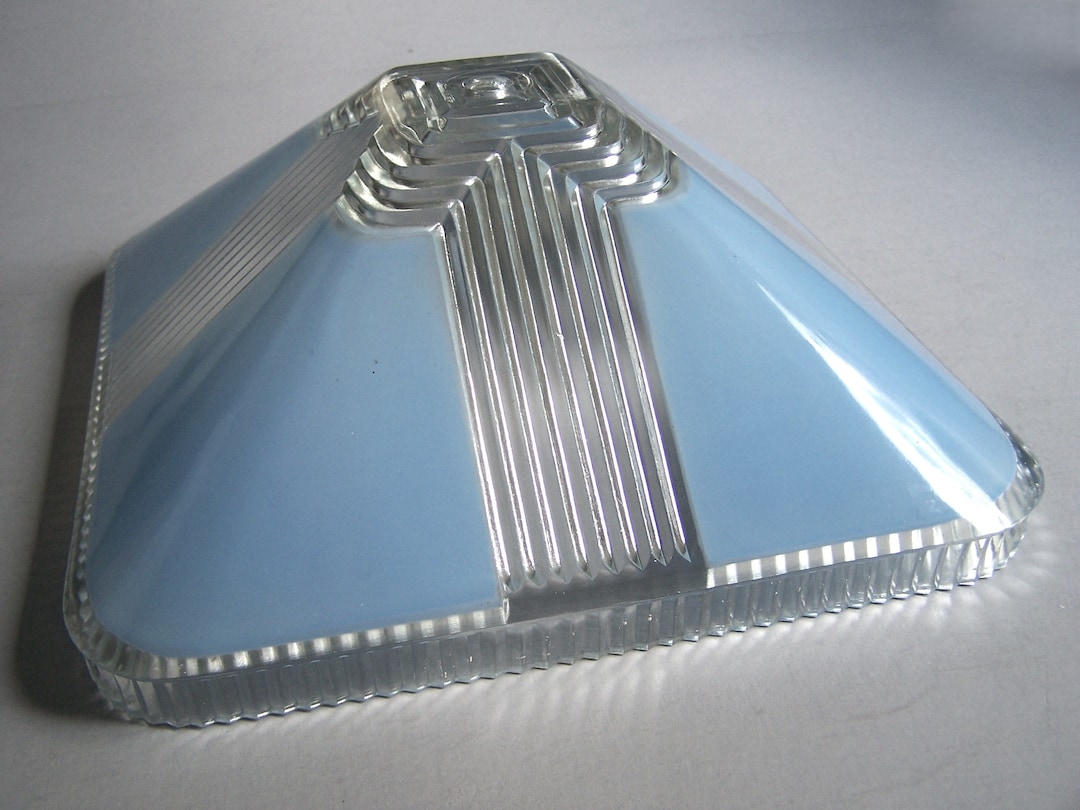 1930s-1940s Art Deco Ceiling Light Cover 10 Square Blue and Clear Glass ...