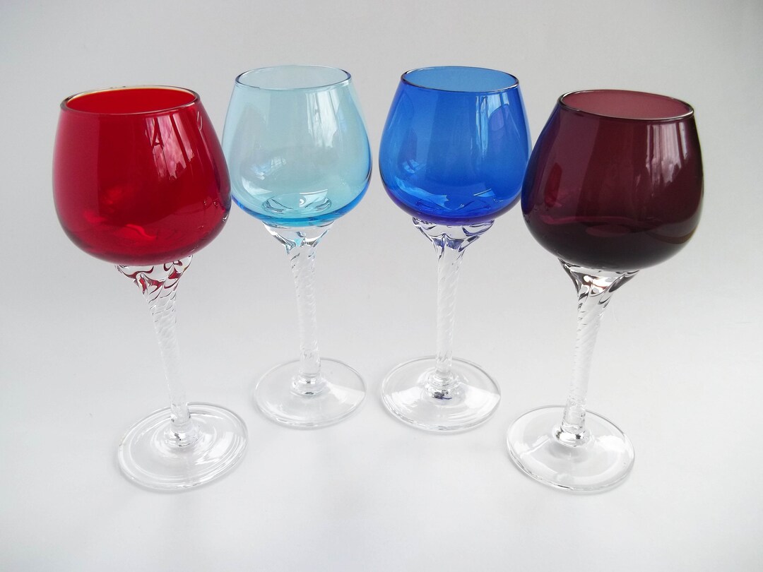 4 Hand Blown Amethyst, Cobalt Blue, Red, Light Blue Liquor Cocktail ...