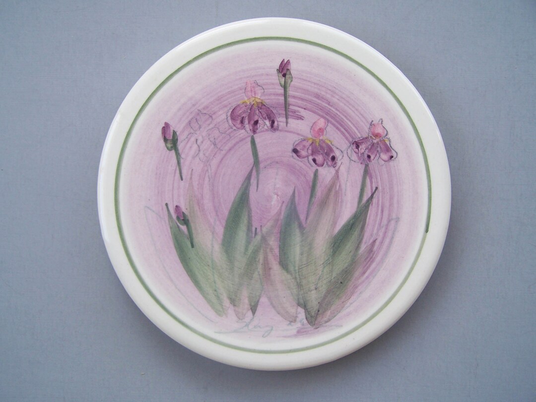Studio Pottery Iris Trivet or Wall Plaque 8 3/4 Floral Decorated Round ...