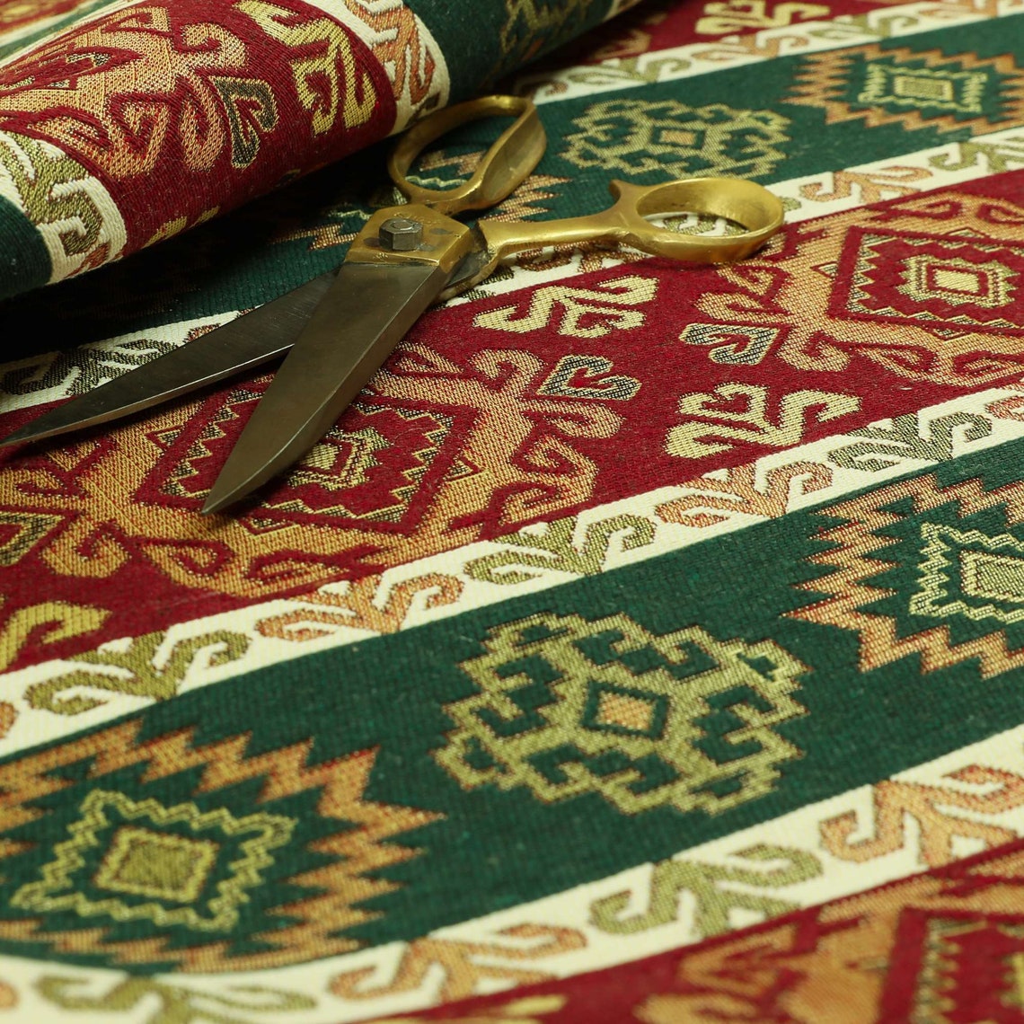 Burgundy Red Green Lightweight Curtain Fabric Traditional Kilim Stripe ...