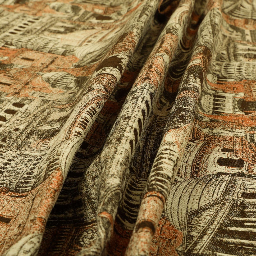 Famous World City Tourist Landmarks Pattern Orange Chenille Upholstery ...