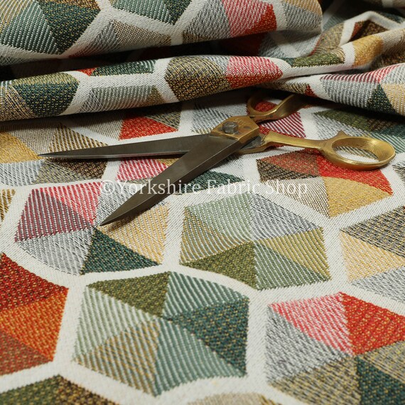 White Multicolour Chenille Upholstery Curtain Fabric Geometric | Etsy UK