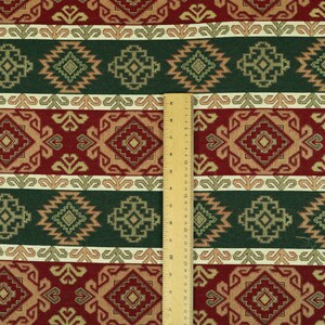 Burgundy Red Green Lightweight Curtain Fabric Traditional Kilim Stripe ...
