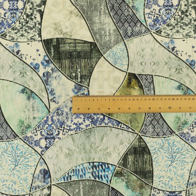 Blue Aqua Curve Mosaic Geometric Pattern Velour Printed Velvet ...