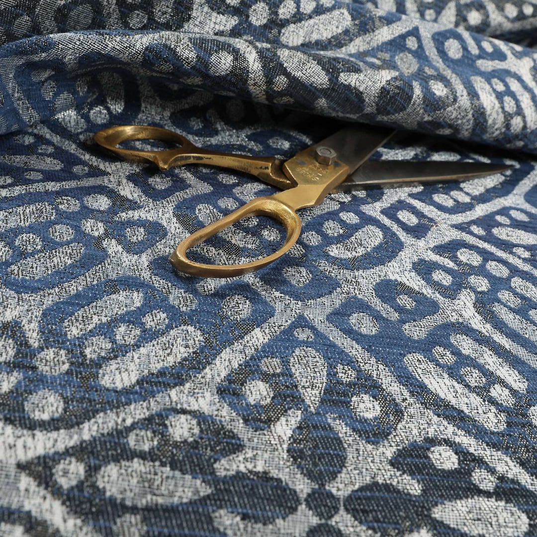 Geometric Medallion Pattern in A Metallic Blue Silver Colour Upholstery ...