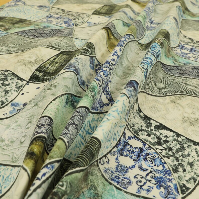 Blue Aqua Curve Mosaic Geometric Pattern Velour Printed Velvet ...