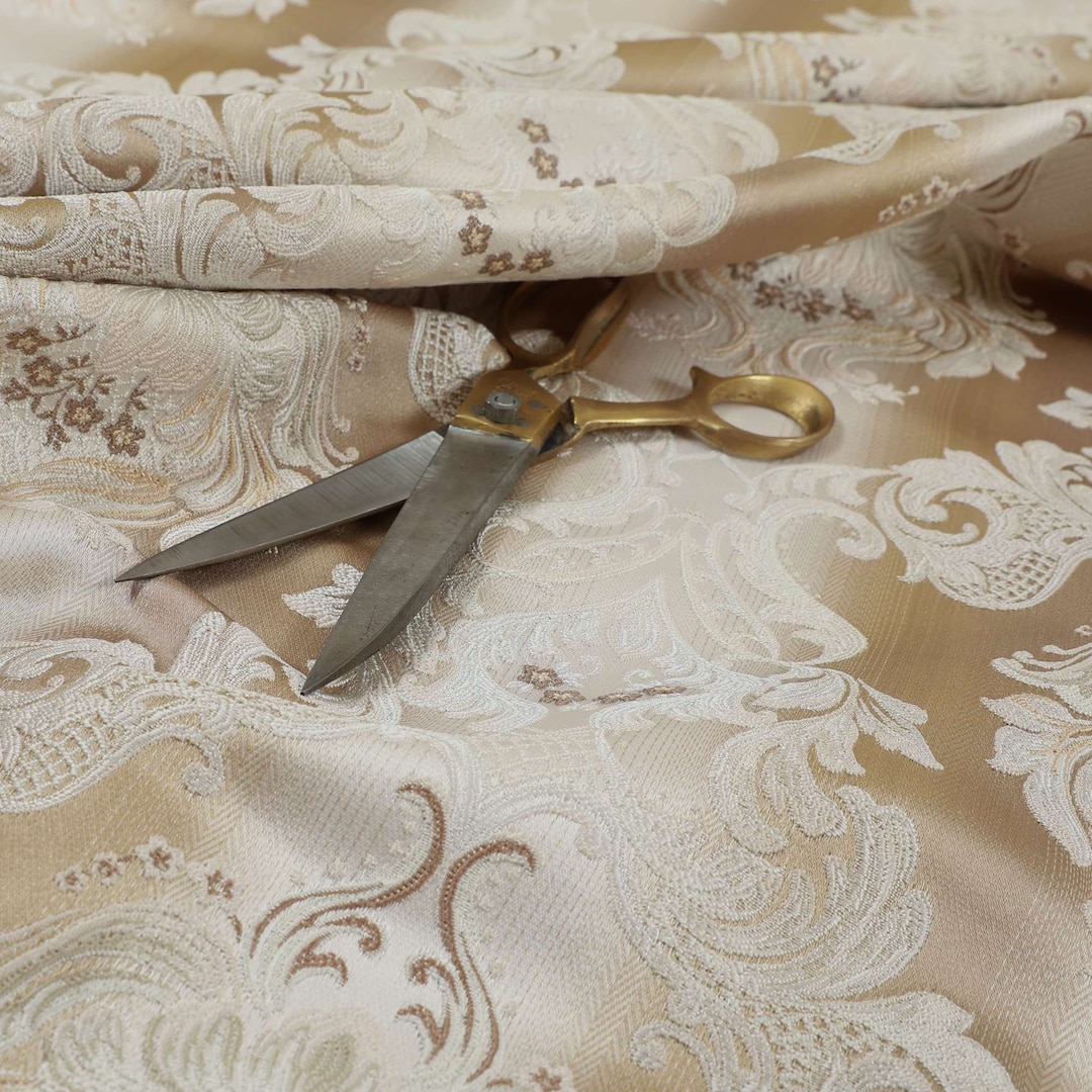 New Traditional Damask Pattern Fabric Cream Brown Upholstery Furniture ...