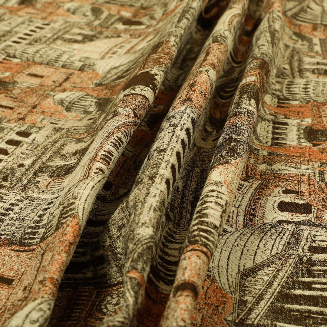 Famous World City Tourist Landmarks Pattern Orange Chenille Upholstery ...