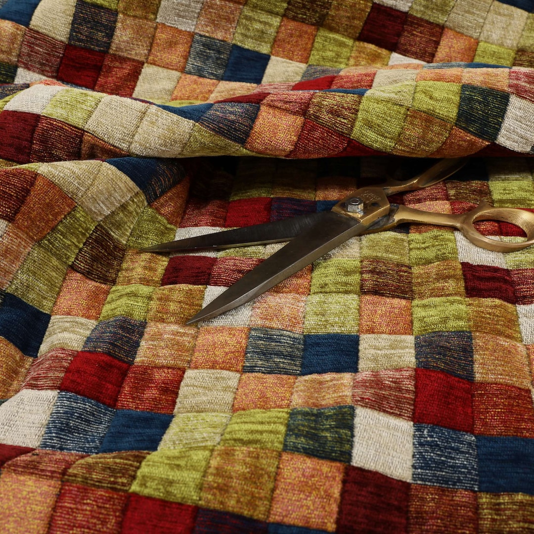Heavyweight Green Multi Coloured Patchwork Pattern Chenille Upholstery ...