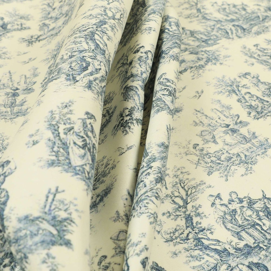 French Toile Traditional Blue Pattern Velour Printed Velvet Upholstery ...