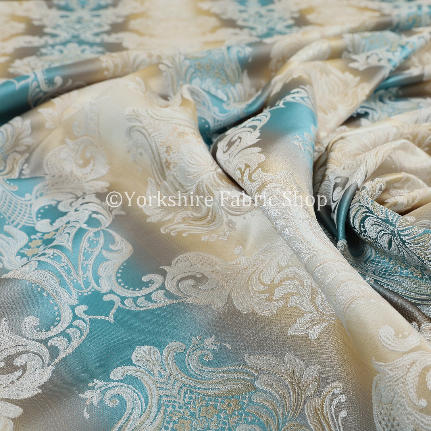 New Traditional Damask Pattern Fabric Blue Cream Upholstery | Etsy