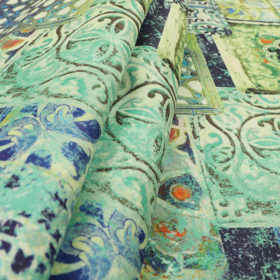 Modern Printed Velvet Blue Green Patchwork Pattern Upholstery ...