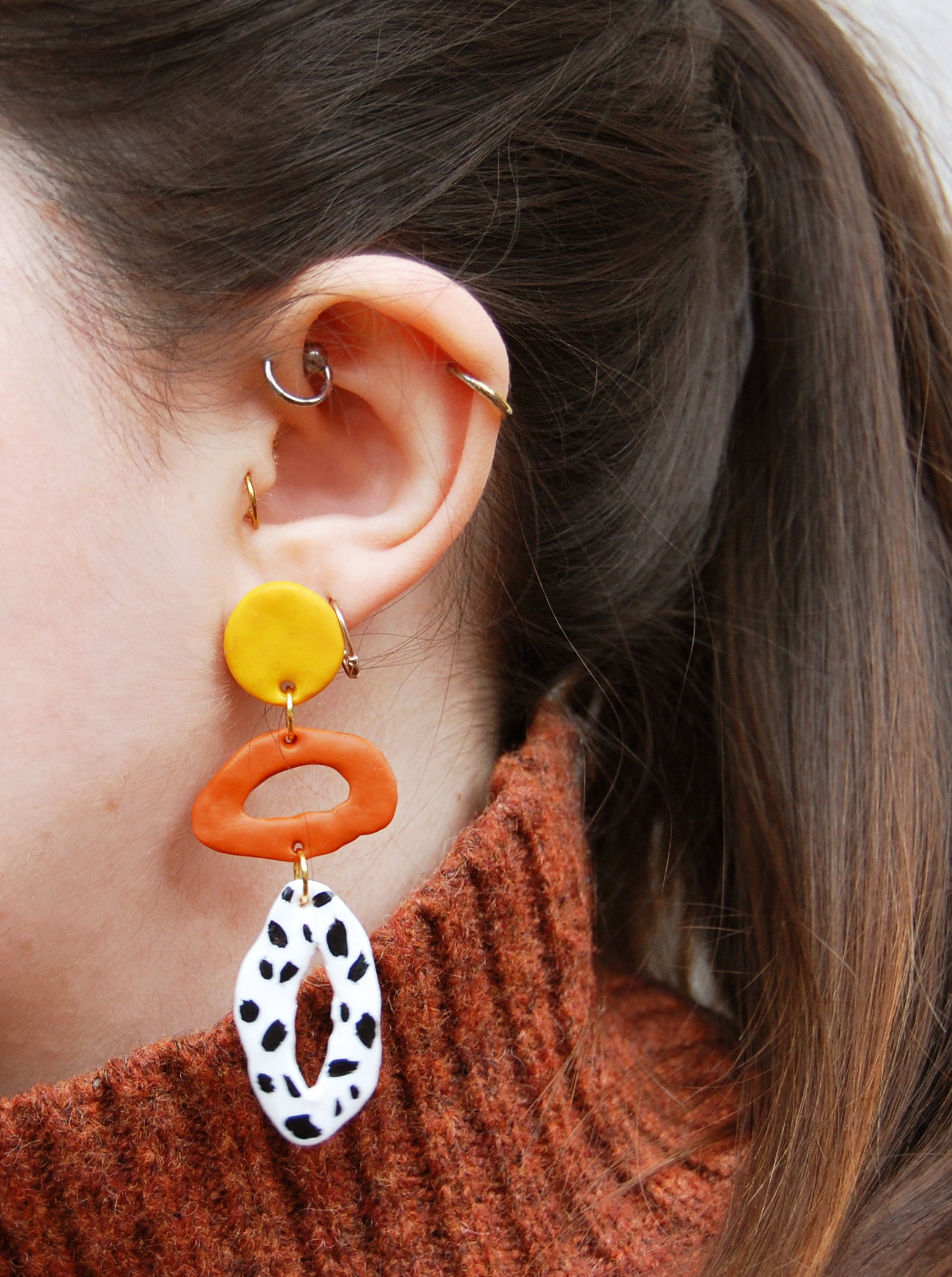 Mustard Rust & Dalmatian Triple Tier / Polymer Clay Earrings - Etsy