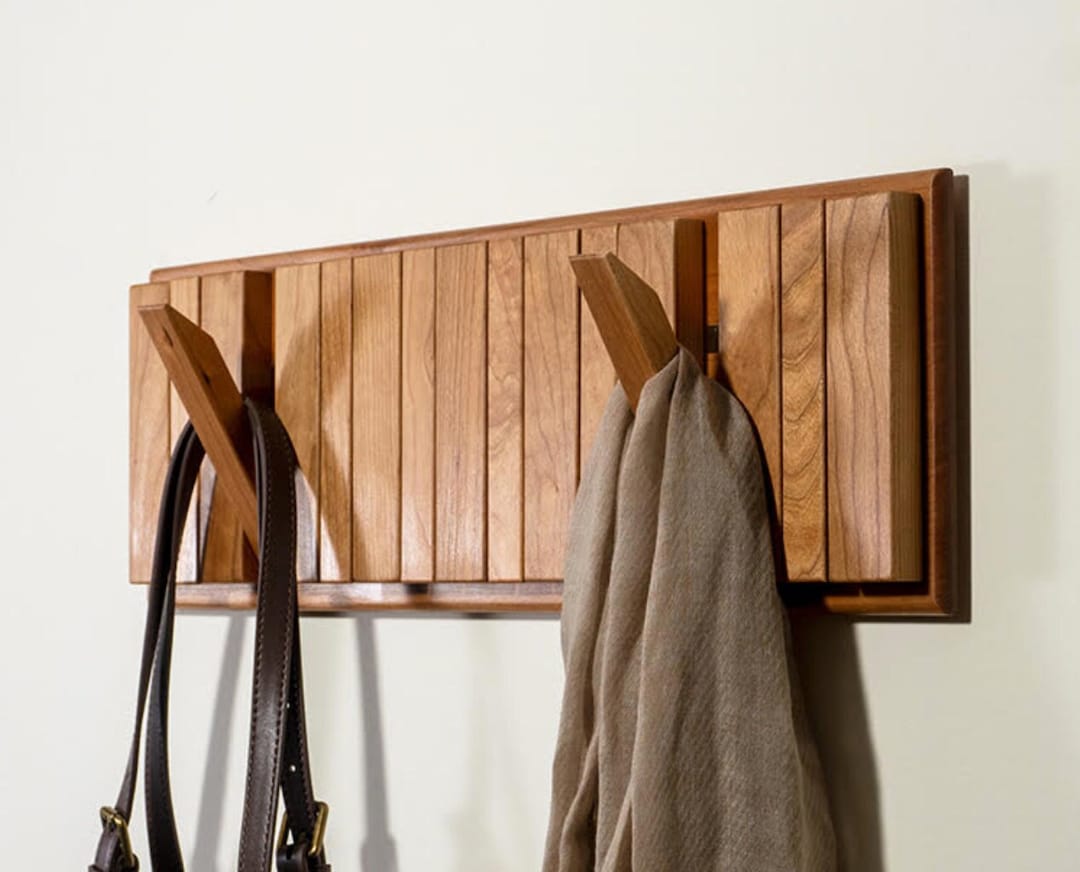Cherry Wood Cloth Rack, Wall Mounted Wooden Hanger, Flip Down Wall Hook ...