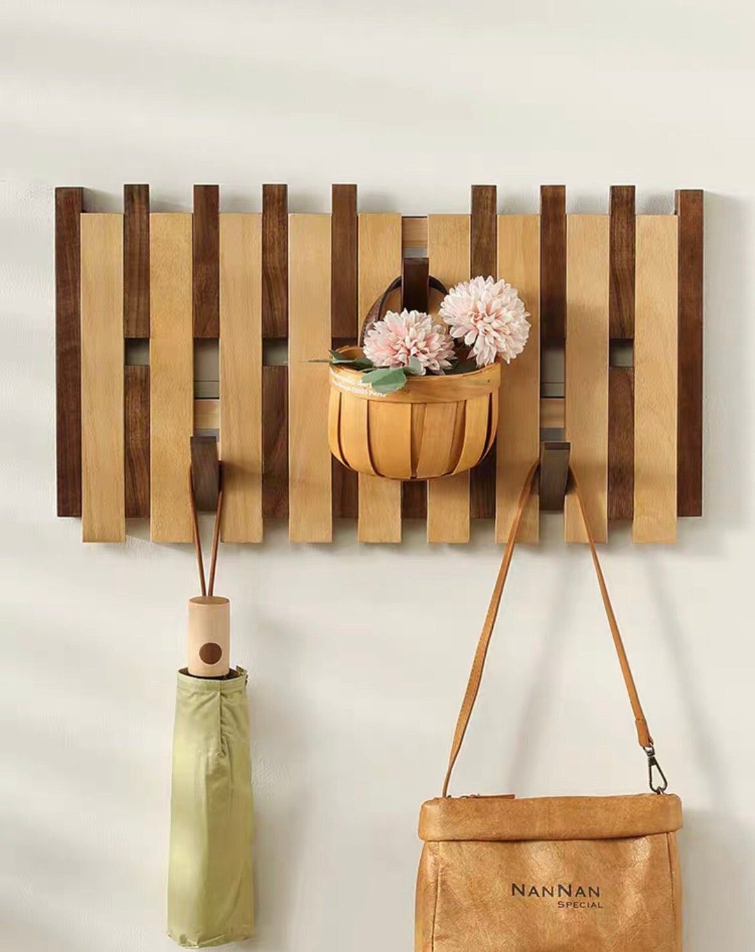 2 Tier Walnut Beech Wood Wall Rack, Natural Beech Wood Wall Mounted ...