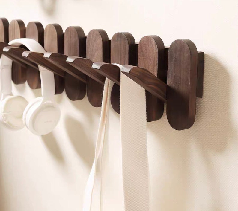 Flip Down Wall Hook Rack in Natural Walnut Wood, Piano Rack Hanger ...