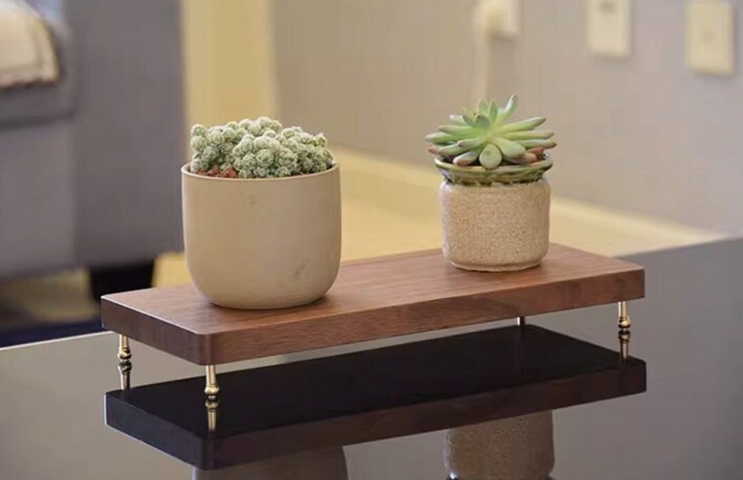 Walnut Statue Base, Brass Bracket Wood Shelf, Rectangular Wooden ...