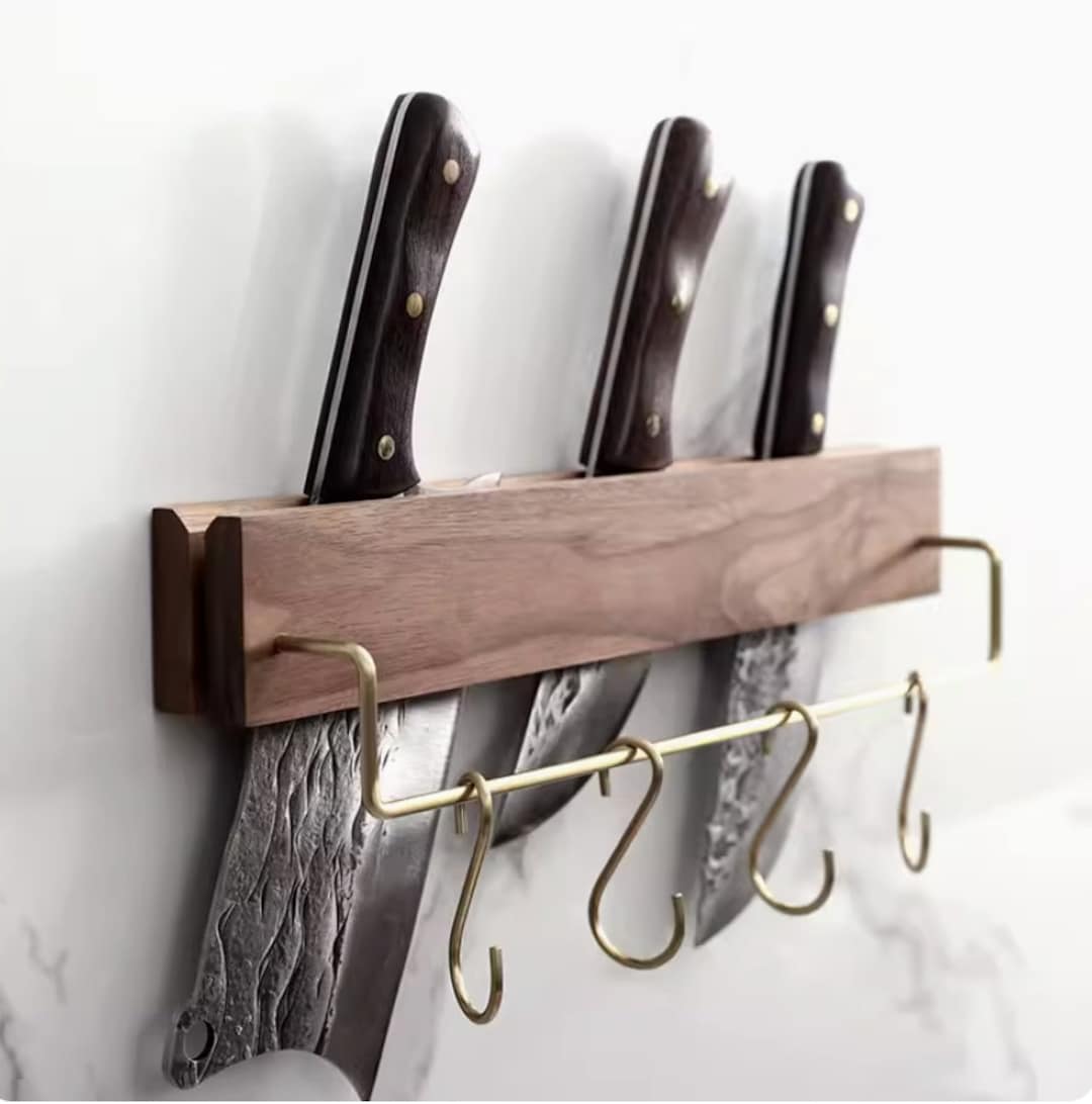 Knife Wall Rack With Hooks for Towel, Hidden Knife Walnut Rack, Kitchen ...