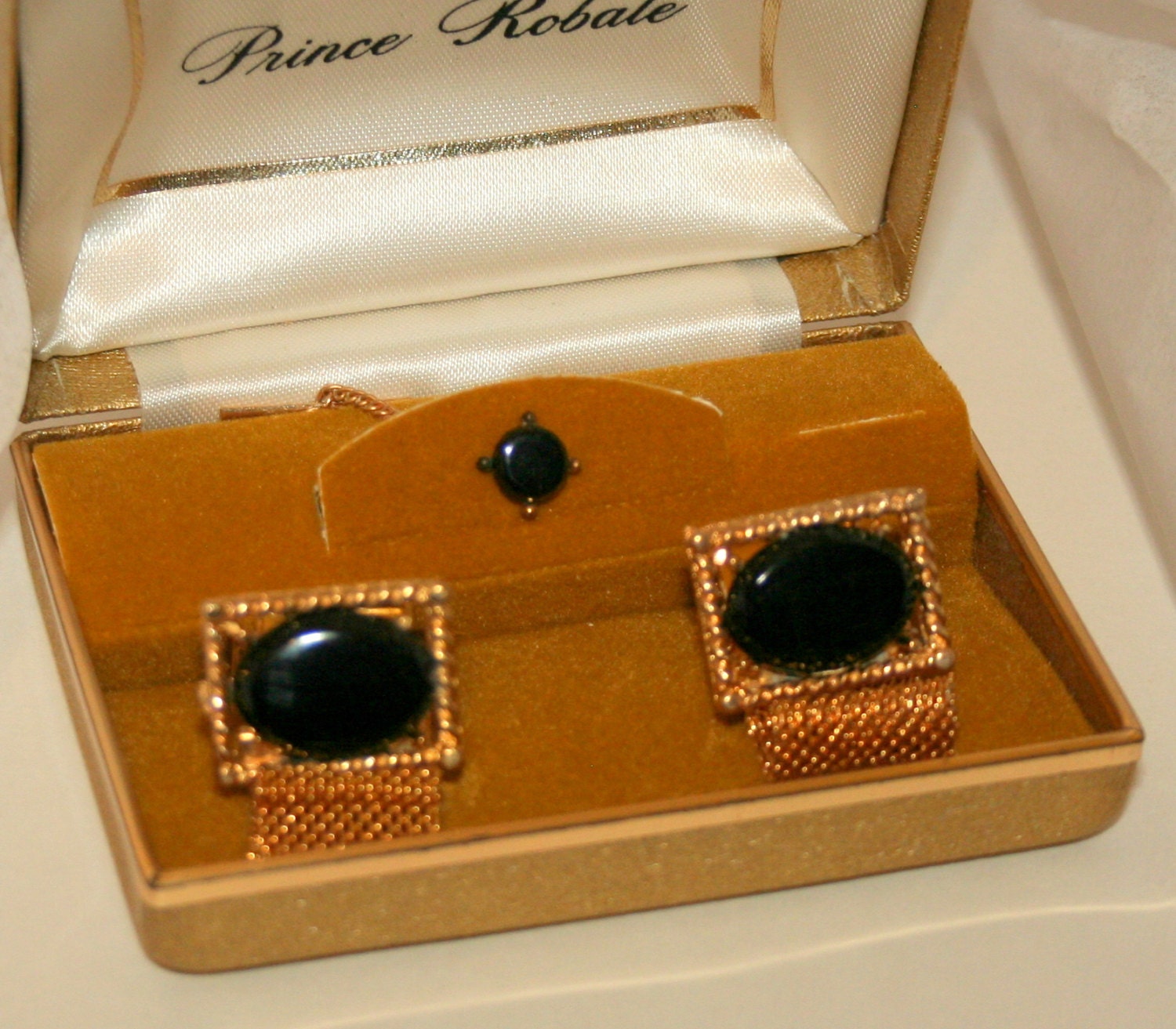 Vintage Prince Robale 1950-60s Black & Goldtone 3 Piece Cufflinks Tie ...