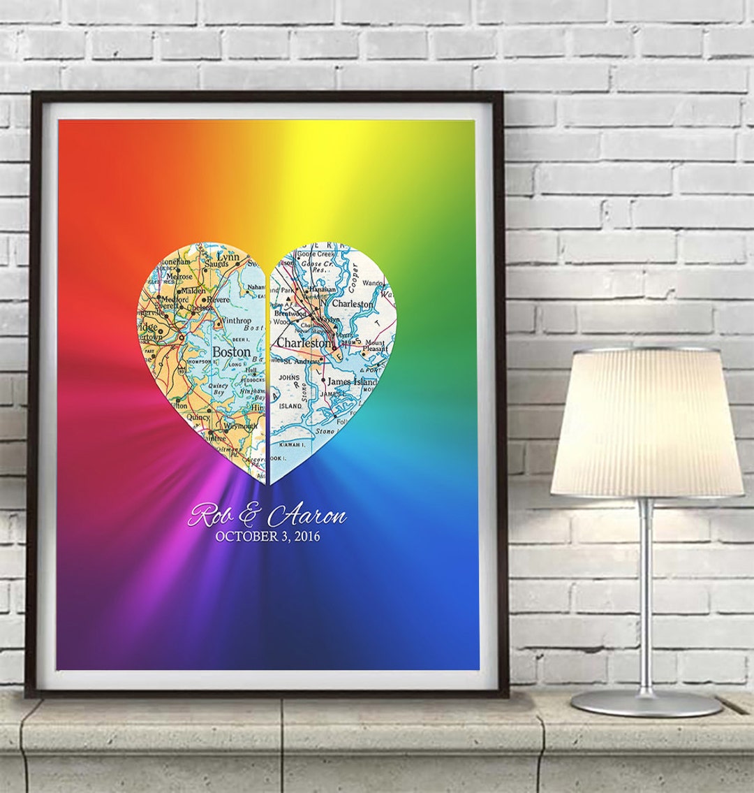 LGBT Pro Gay & Lesbian Pride Couple Custom Wedding Split Heart Maps ART ...