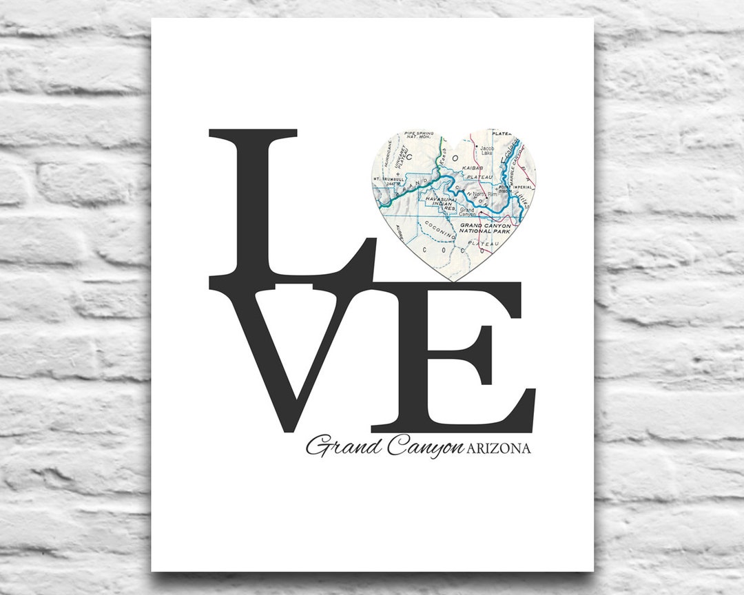 Grand Canyon Arizona Love Print Vintage Heart Map DIGITAL DOWNLOAD for ...