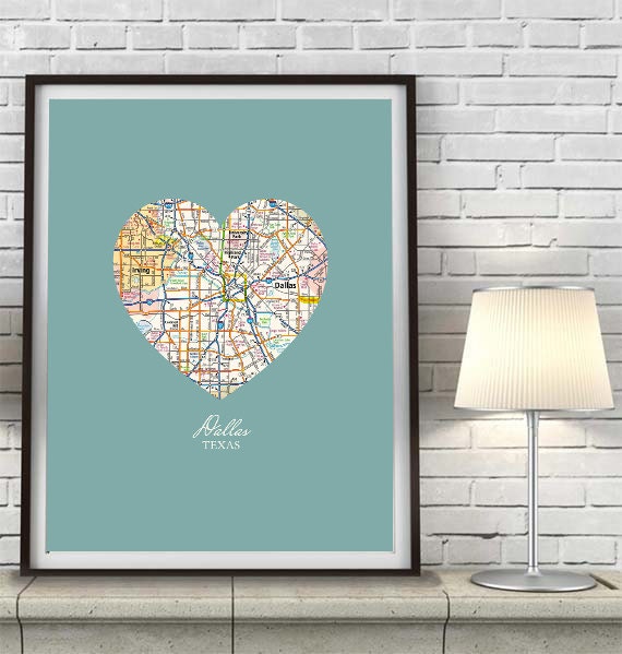 Dallas Texas Heart Vintage Map ART PRINT City State Urban | Etsy