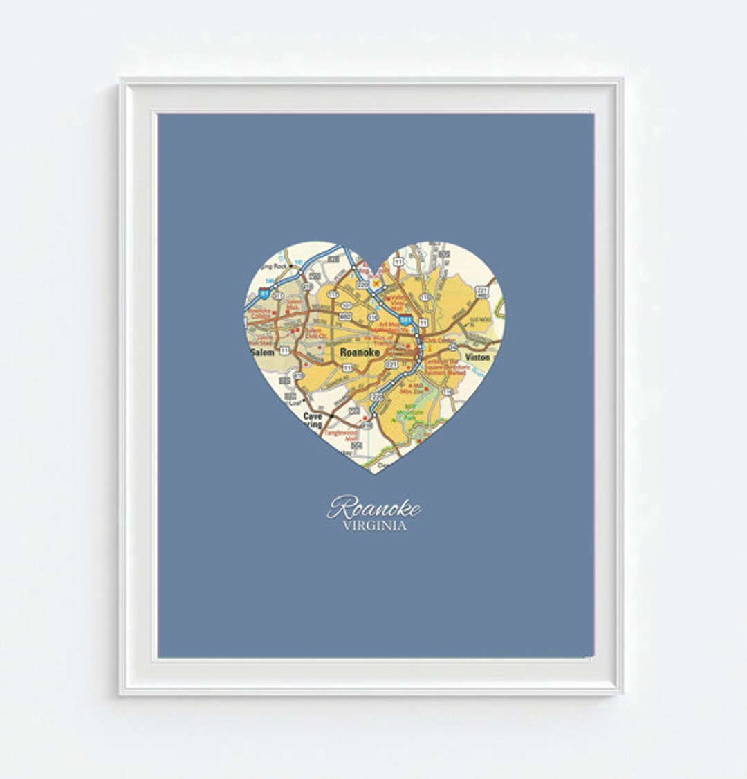 Roanoke Virginia Heart Vintage Map ART PRINT City State Gift ...