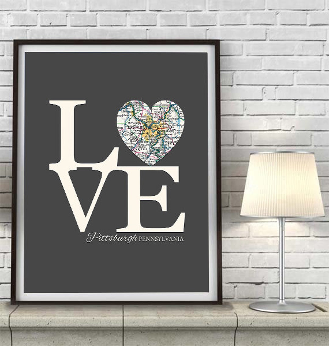 Pittsburgh Pennsylvania LOVE Vintage Heart Map ART PRINT City Gift for ...