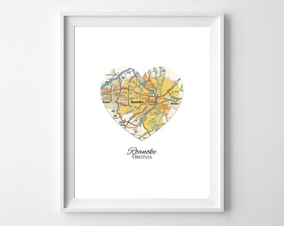 Roanoke Virginia Vintage Heart Map DIGITAL DOWNLOAD for You 2 | Etsy