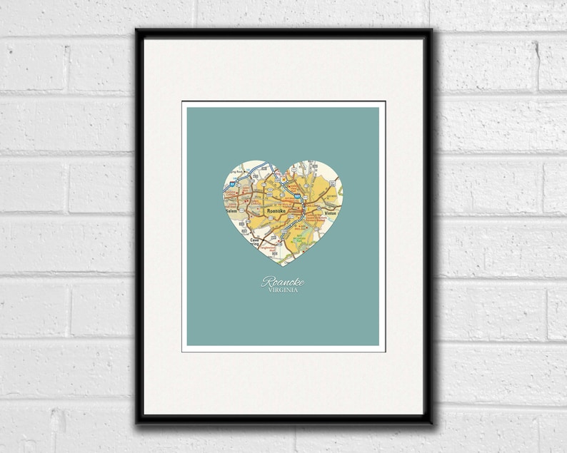 Roanoke Virginia Heart Vintage Map ART PRINT City state gift | Etsy