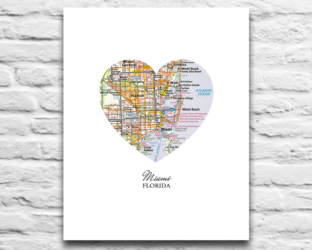 Miami Florida Vintage Heart Map DIGITAL DOWNLOAD for You 2 Print, Miami ...