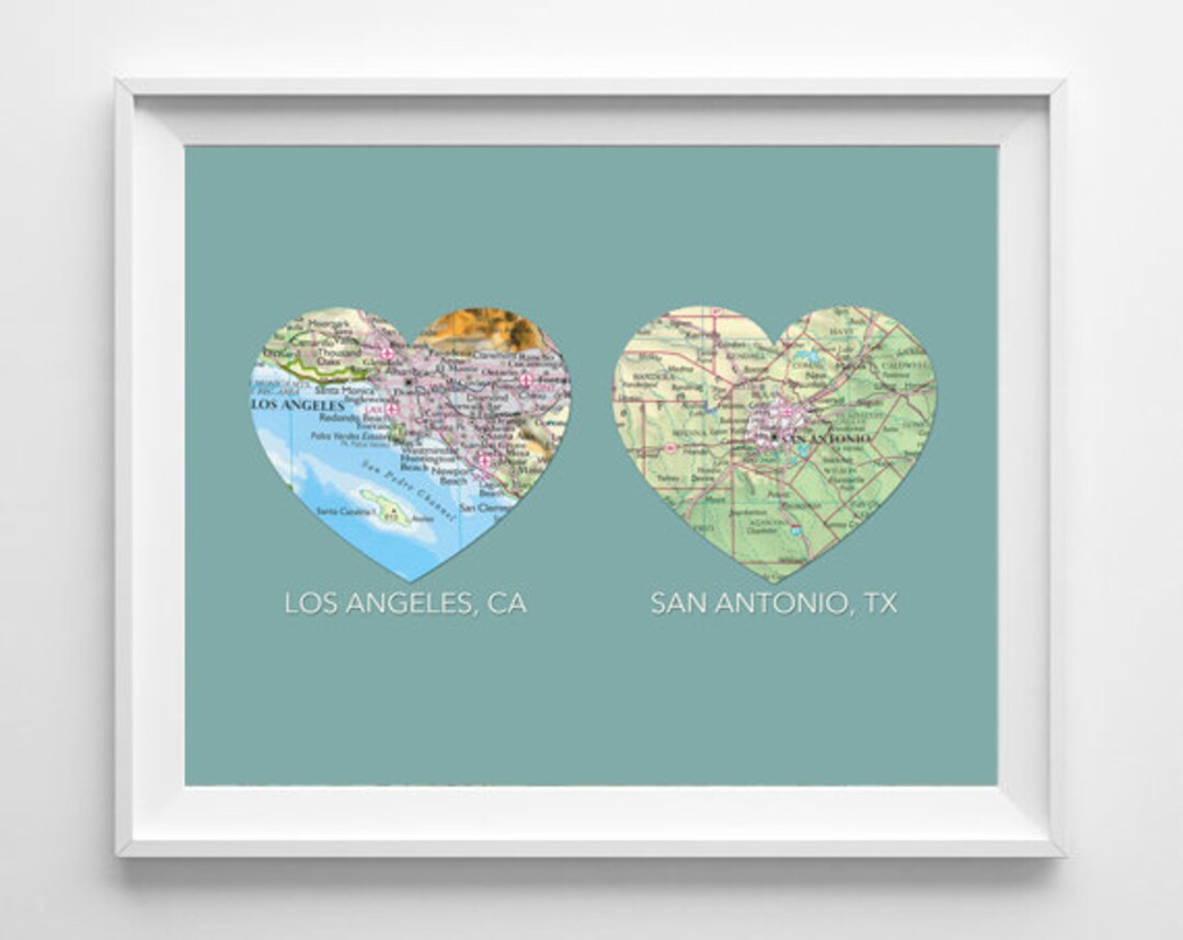 First Anniversary Gift, Romantic Heart Maps With YOUR 2 CITIES ...