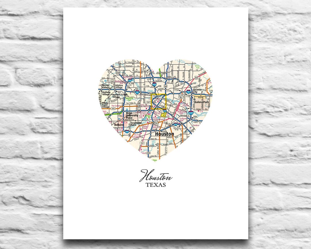Houston Texas Vintage Heart Map DIGITAL DOWNLOAD for You 2 Print ...
