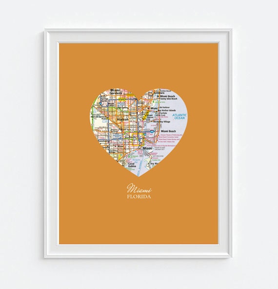Miami Florida Heart Vintage Map ART PRINT Miami Art Miami | Etsy