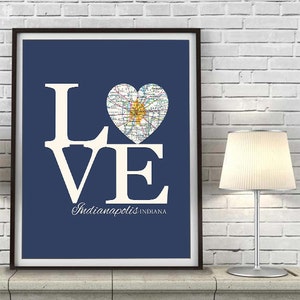 Indianapolis Indiana LOVE Vintage Heart Map ART PRINT City State Gift ...
