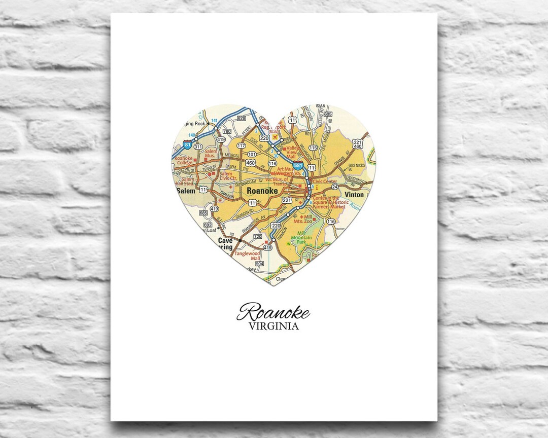 Roanoke Virginia Vintage Heart Map DIGITAL DOWNLOAD for You 2 Print ...