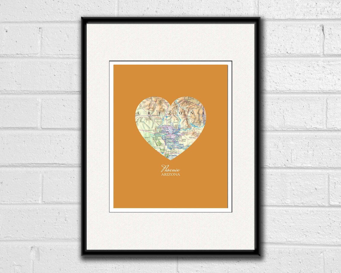 Phoenix Arizona Heart Vintage Map ART PRINT Phoenix Print | Etsy