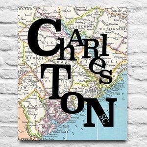 Charleston South Carolina Typography Vintage Map ART PRINT, Vintage Map ...