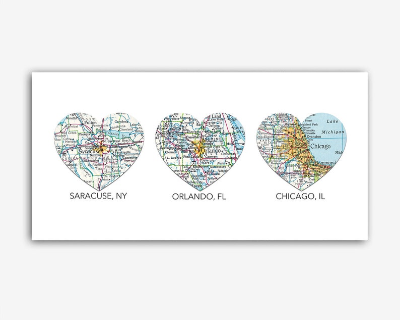 Romantic Gift Idea Hearts With 3 CUSTOM Maps Personalized | Etsy